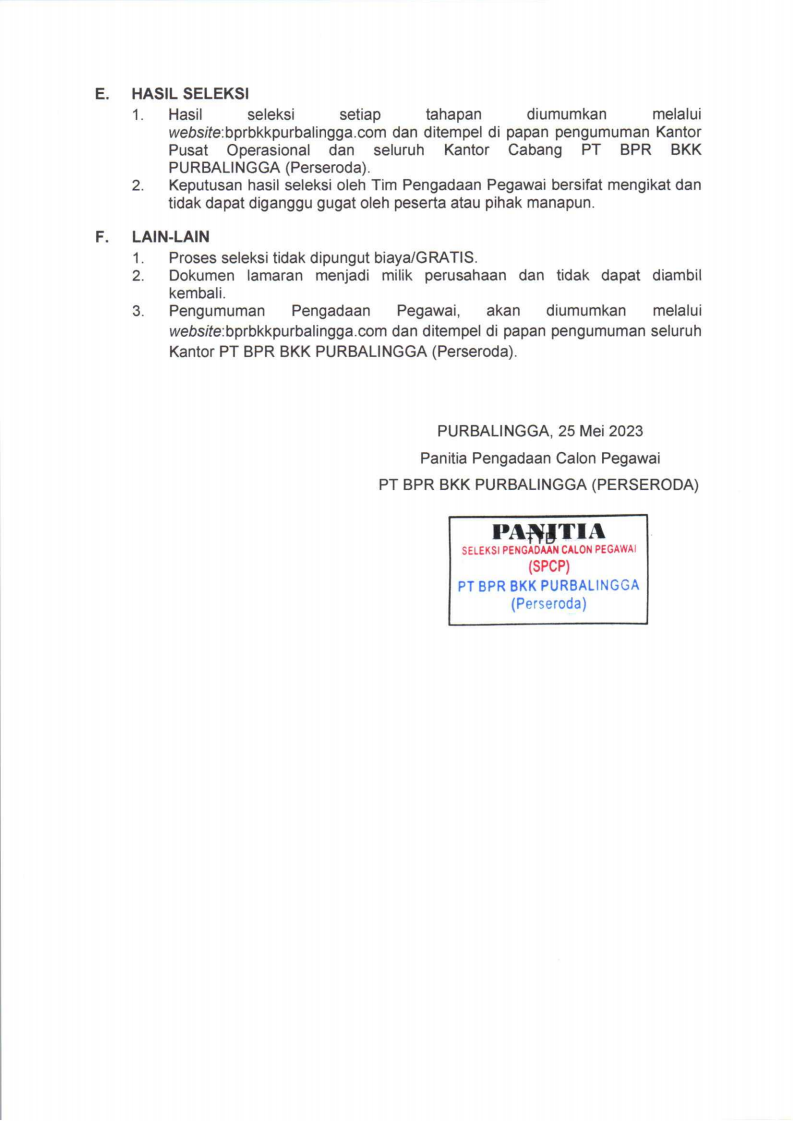 Pengadaan Calon Pegawai PT BPR BKK PURBALINGGA TAHUN 2023